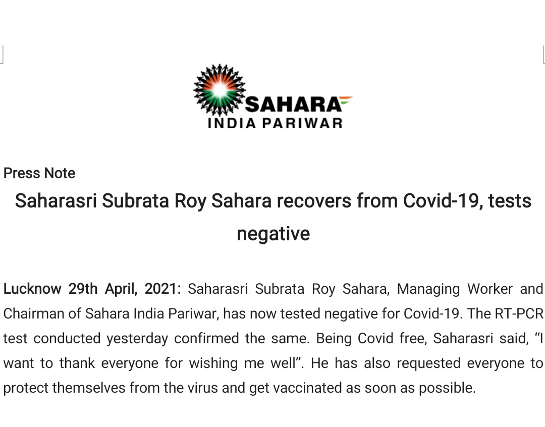 Saharasri Subrata Roy Sahara recovers from covid-19, tests negative ...
